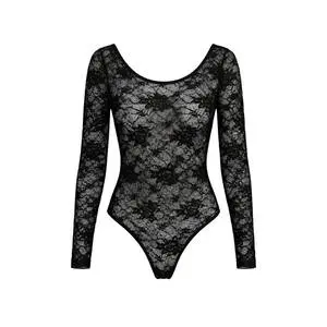 NO COMMENT Lebodi Muse. Lace Transparent Bodysuit Long Sleeves - Black