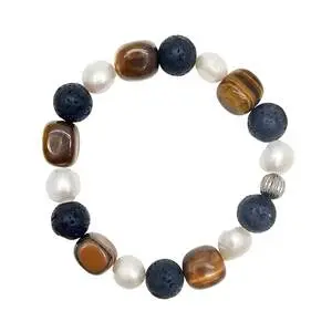 FARRA Tiger-eye With Black Lava Stone And Pearls Bracelet - Brown