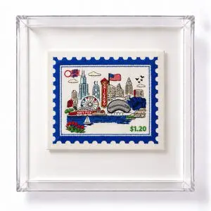 LILLY LOVES Chicago Embroidered Postage Stamp - Blue/gold/grey