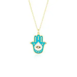 SPERO LONDON Authentic Turquoise Color Hamsa Hand Necklace Sterling Silver - Gold