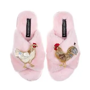 LAINES LONDON Chicken & Rooster Brooch Slippers - Pink