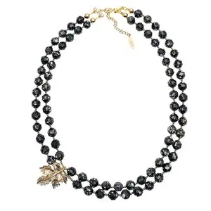FARRA Double Layers Snowflake Obsidian With Maple Leave Pendant Necklace - Black