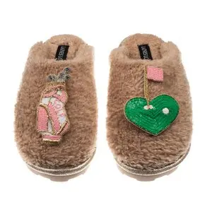 LAINES LONDON Teddy Towelling Closed Toe Slippers With Golf Brooches - Brown