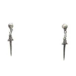 TG-JEWELLERY BY TAMARA GERVASIO Silver / Black Handmade Skull Dagger Dangle Earrings – Recycled Sterling Silver - Silver/black