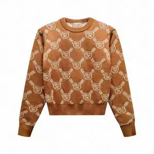 X ILONA BLUE Neutrals / Graffiti Teddy Bear Cafe Cream Reversible Jacquard Knit Sweater - Brown