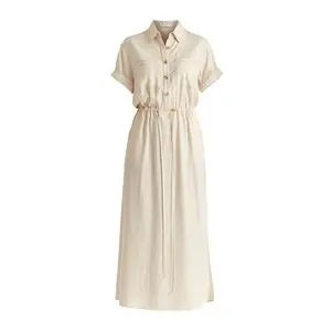 PAISIE Linen Blend Shirt Dress With Contrast Stitching - Yellow