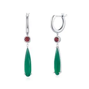 AZURA JEWELRY NEW YORK White Gold Vermeil Pear Cut Onyx And Round Garnet Drop Earrings - Silver