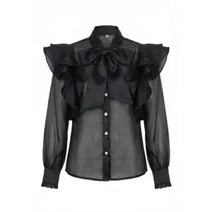MODENAIRE Sheer Ruffle Blouse With Statet Bow
