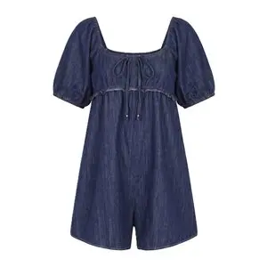 MODENAIRE Puff Sleeve Romper Sculpted Waist - Blue