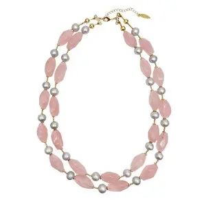 FARRA Rose Quartz And Gray Freshwater Pearls Double Layers Necklace - Pink