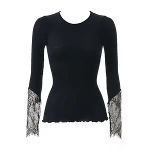 AROMATIQUE Ultra-soft Ribbed Wool Long Sleeve With Lace Cuffs