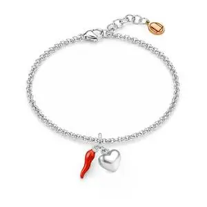 UNALOE Silver / Red Red Enamel Cornicello & Heart Charm Bracelet In Sterling Silver – Handmade Italian Good Luck Jewelry - Silver/red