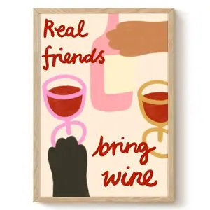 THE PAPER TAIL Friends Bring Wine Cat Art Print A3 - Red