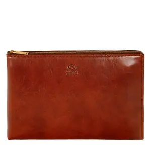 TIME RESISTANCE Leather Clutch Purse In Cognac The Brothers Karamazov - Brown