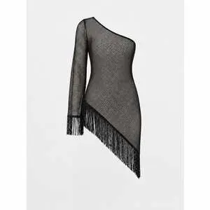 WOMEN & WOMEN Metallic One-shoulder Mesh Cover-up Dress With Fringe - Black
