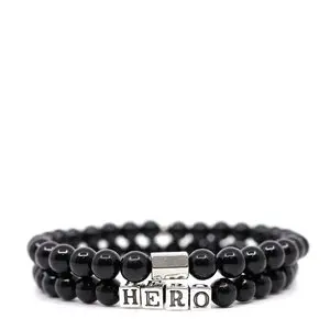 Shar Oke Black / Silver Black Tourmaline & Hero Word Beaded Bracelet Set - Black/silver
