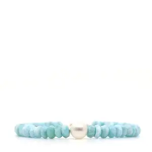 Shar Oke Blue / White / Silver Larimar & Freshwater Pearl Bracelet - Blue/white/silver