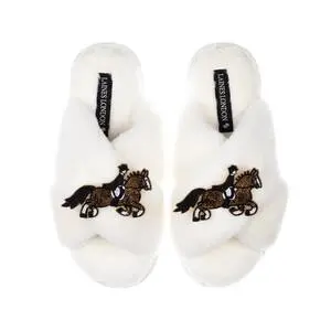 LAINES LONDON Embellished Faux Fur Cross Strap Slippers With Dressage Horse Brooches - White