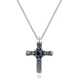 UNALOE Blue / Silver Sterling Silver Cross Necklace With Sapphire – Christian Jewelry - Blue/silver