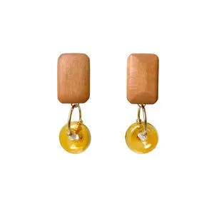 PAISIE Geometric Pine Wood Earrings In Brown - Orange