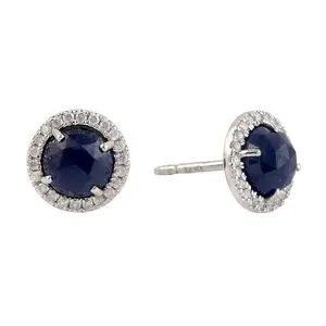 ARTISAN White / Blue Blue Sapphire & Diamond Round Stud Earrings In 18k White Gold - White/blue