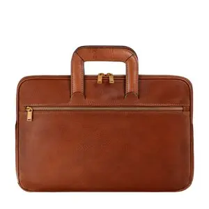 TIME RESISTANCE Cognac Leather Briefcase Laptop Bag Brave New World - Brown