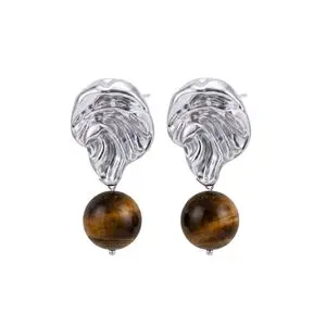 LINYA JEWELLERY Tigris Dangling Amorphous Tiger Eye Earrings, Natural Stone Earring - Silver