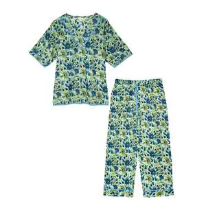 INARA Indian Cotton Floral Printed Pyjamas Lime Patchouli - Green