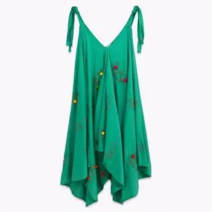 ZASTASTUDIO Zasta Studio Artisan Organic Cotton Harlem Dress With Embroidered Details And Pom-pom Accents - Green