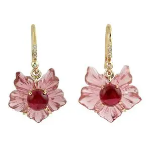 ARTISAN Carved Pink Tourmaline Flower Earrings With Diamond In 18k Yellow - Gold