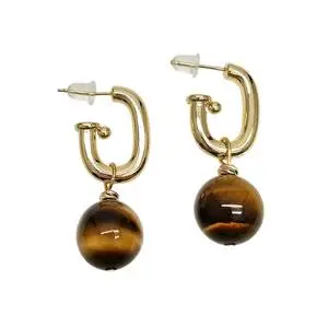 FARRA Tiger-eye Stone Dangle Modern Hoop Earrings - Brown