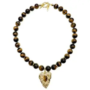 FARRA Tiger Eye Stone With Leaf Pendant Chunky Necklace - Brown