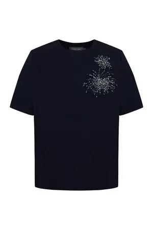 EXQUISE Regular Minimalist Sparkle Accent Madilyn T-shirt Navy - Blue