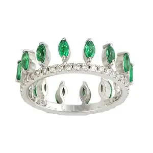 ARTISAN White / Green Emerald & Diamond Crown Band Ring In 14k White Gold - White/green