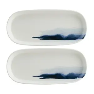 Turgla Home Blue / White Blue Wave Oval Decorated Porcelain Platter Set Of Two - Blue/white