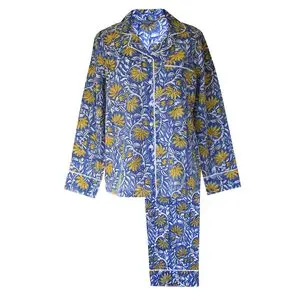 LIME TREE DESIGN And Yellow Floral Block Printed Pyjamas - Blue