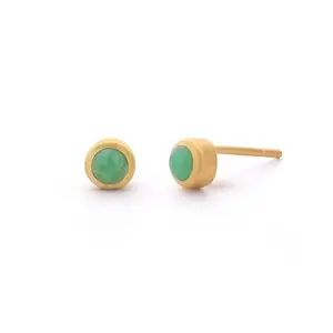NELLOU JEWELLERY Chrysoprase Gem Dot May Birthstone Earrings Gold Plated Sterling Silver - Green