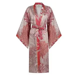 Loveist Store Coral Print Silky Satin Kimono - Red