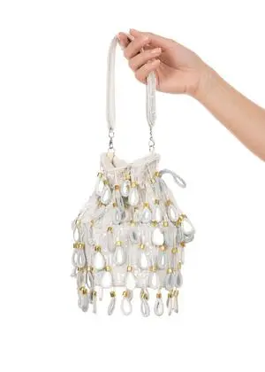 PODE Keisha Ivory Embellished Drawstring Bag - White