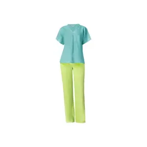 Haris Cotton Short Sleeved Linen Shirt With Front Pleat And V Neck Crystal - Blue