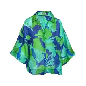 Haris Cotton Blue / Green Loose Fit Printed Linen Blend Shirt Blue Lagoon - Blue/green