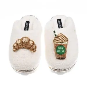 LAINES LONDON Teddy Towelling Slippers With Croissant And Iced Coffee Brooches - White