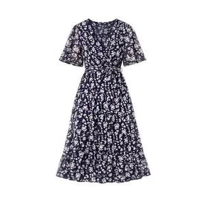 YUMI Navy Floral Mesh Wrap Dress