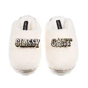 LAINES LONDON Teddy Towelling Closed Toe Slippers With Embellished Brooches - White
