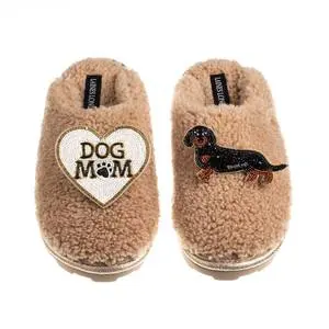 LAINES LONDON Teddy Towelling Dachshund Brooch Slippers - Brown