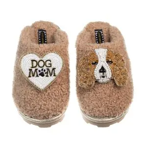LAINES LONDON Teddy Towelling Closed Toe Slippers With Brooch Embellishments - Brown