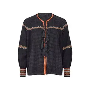 RAFFYA Shilo Embroidered Collarless Blouse - Black