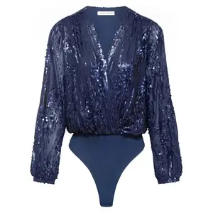 URBAN TOUCH Sequin Wrap Bodysuit With Long Sleeve Navy - Blue