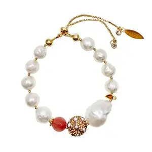 FARRA Freshwater Pearls With Watermelon & Rhinestone Bracelet - Yellow