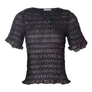 AMY LYNN Blue / Brown / Red Kitty Polka Dot Chiffon Smocked Frill Sleeve Top - Blue/brown/red